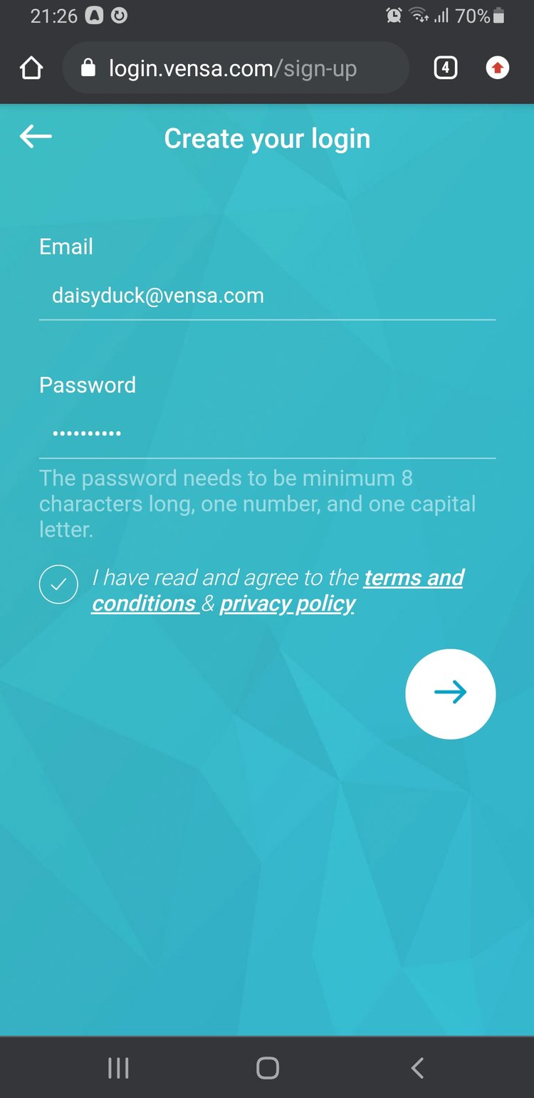 Initial Patient Sign-Up to Vensa Portal